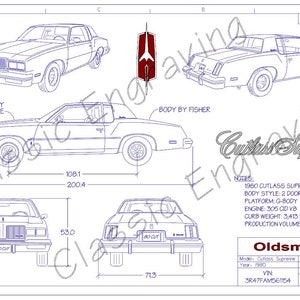1980 Olds Cutlass Supreme "blueprint Drawing" Unframed Color Poster ...