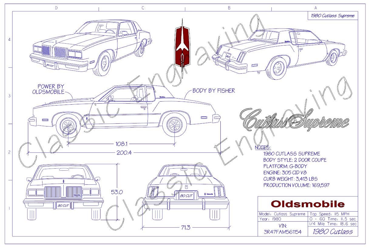 1980 Olds Cutlass Supreme "blueprint Drawing" Unframed Color Poster ...