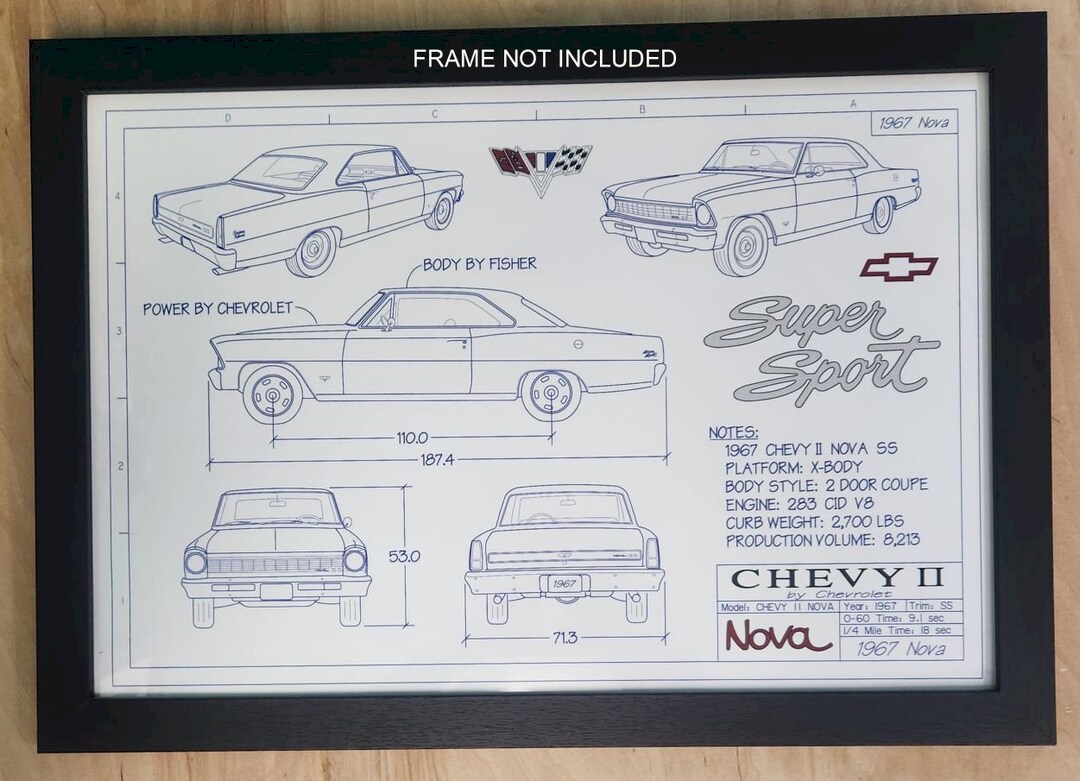 1967 Nova SS "blueprint Drawing" Unframed Color Poster Print - Etsy