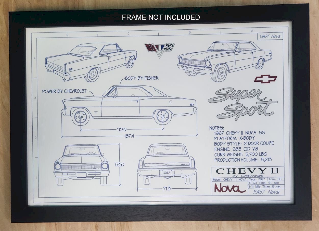 1967 Nova SS "blueprint Drawing" Unframed Color Poster Print - Etsy
