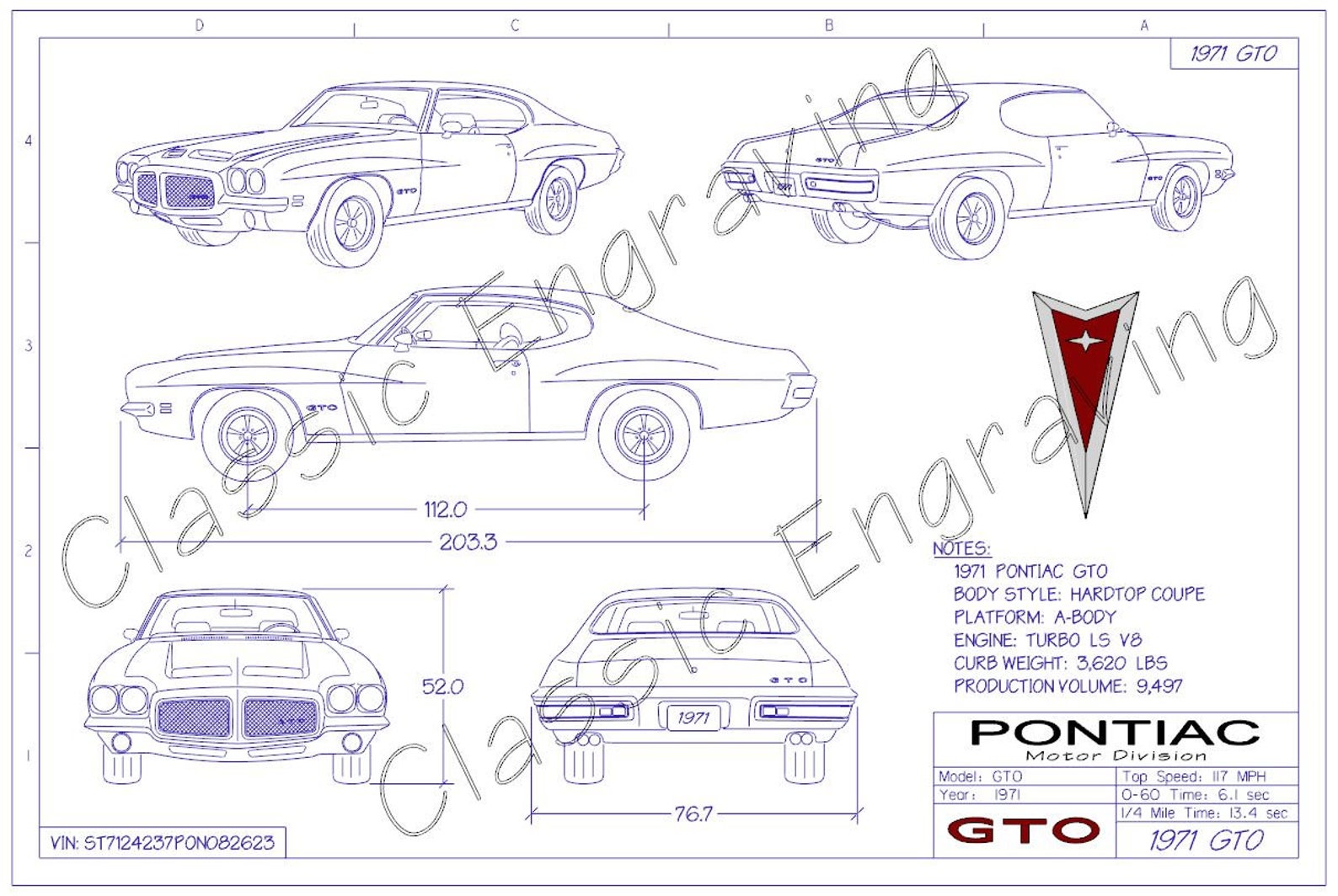 1971 Pontiac GTO "blueprint Drawing" Unframed Color Poster Print - Etsy