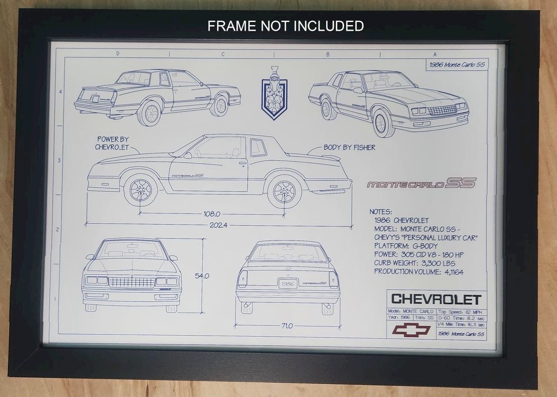 1985-1988 Monte Carlo "blueprint Drawing" Unframed Color Poster Print ...