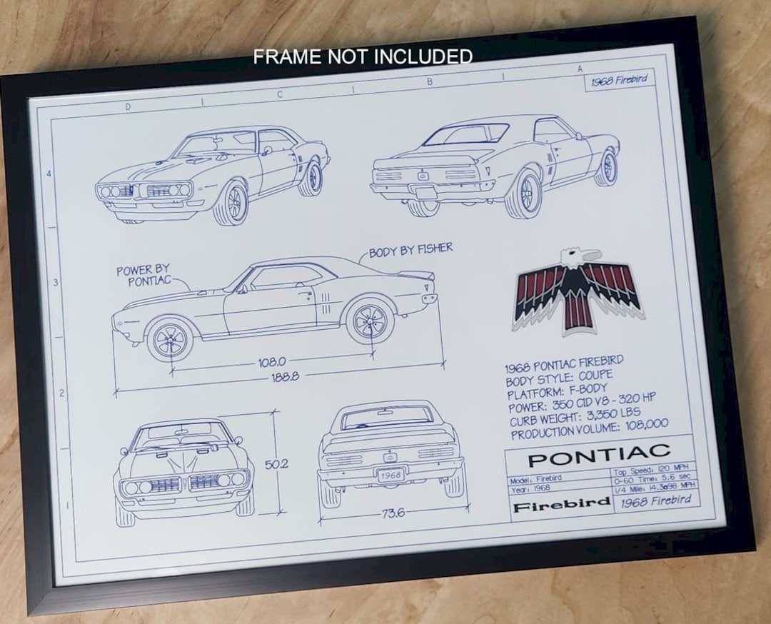 1968 Pontiac Firebird "blueprint Drawing" Unframed Color Poster Print ...
