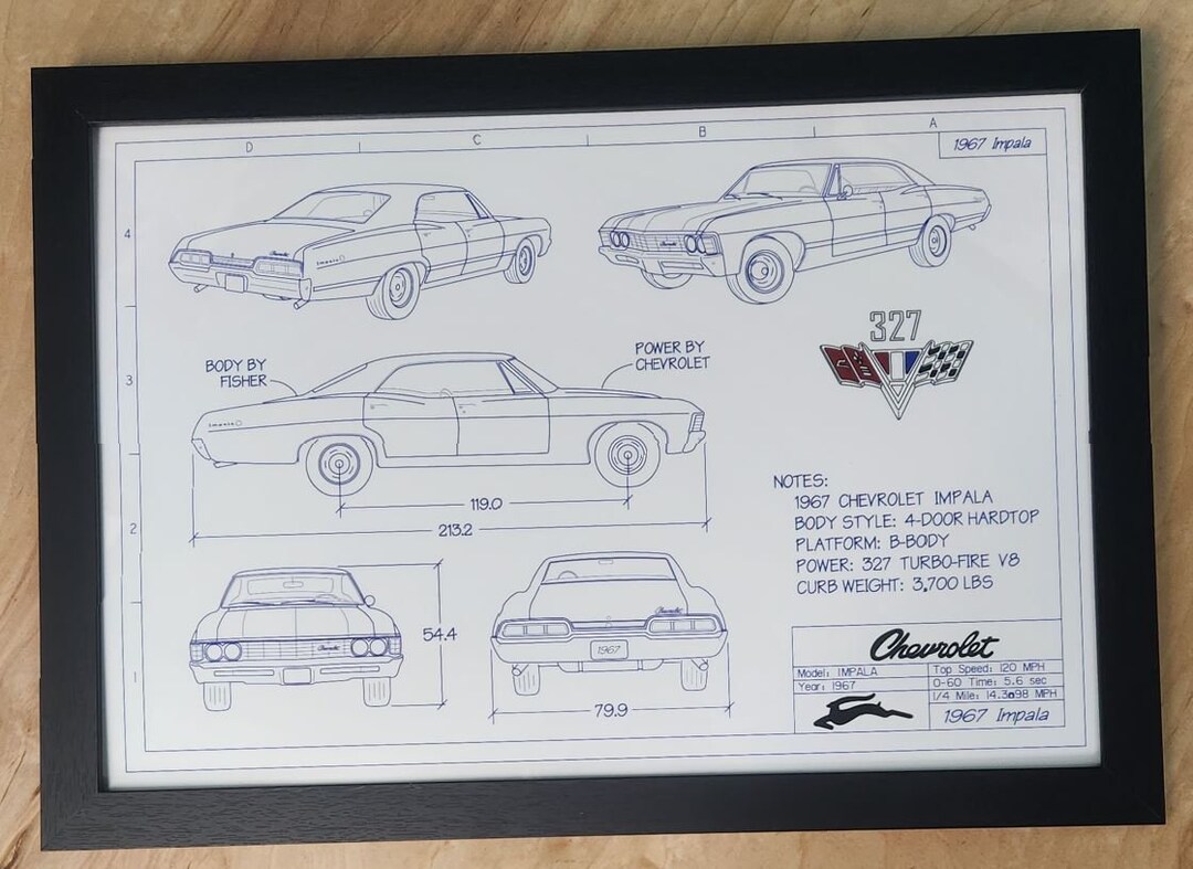 1967 Impala 4-door blueprint Drawing Framed Color - Etsy
