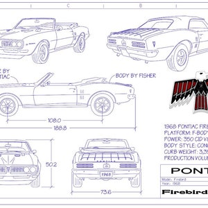 1968 Pontiac Firebird Convertible "blueprint Drawing" Unframed Color ...