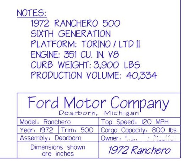 1972 Ford Ranchero 500 "blueprint Drawing" Unframed Color Poster Print ...