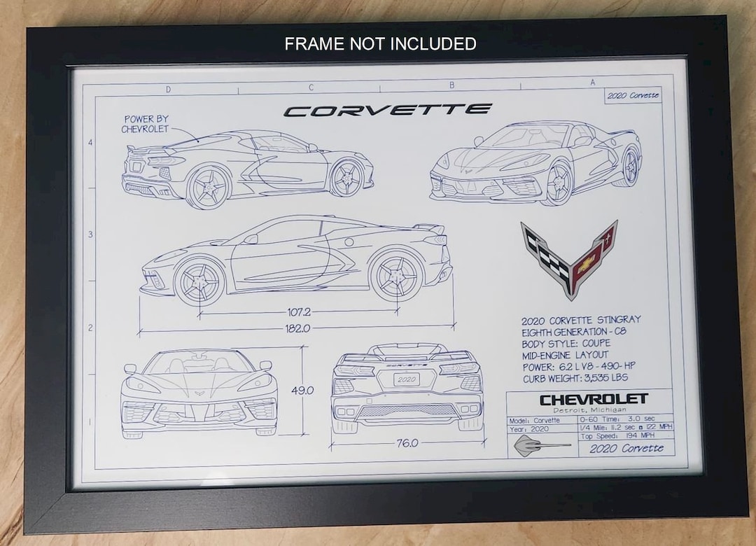 2020 Corvette "blueprint Drawing" Unframed Color Poster Print - Etsy