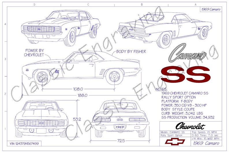 1969 Camaro SS "blueprint Drawing" Unframed Color Poster Print - Etsy