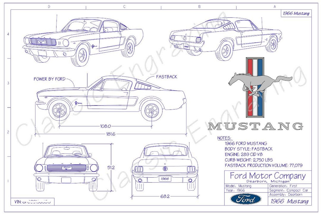 1966 Mustang Fastback "blueprint Drawing" Unframed Color Poster Print ...