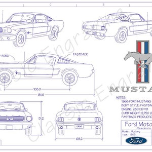 1966 Mustang Fastback "blueprint Drawing" Unframed Color Poster Print ...