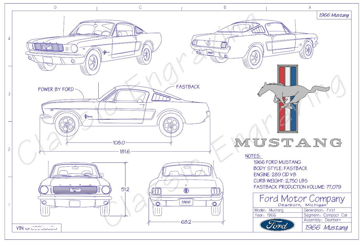 1966 Mustang Fastback "blueprint Drawing" Unframed Color Poster Print ...
