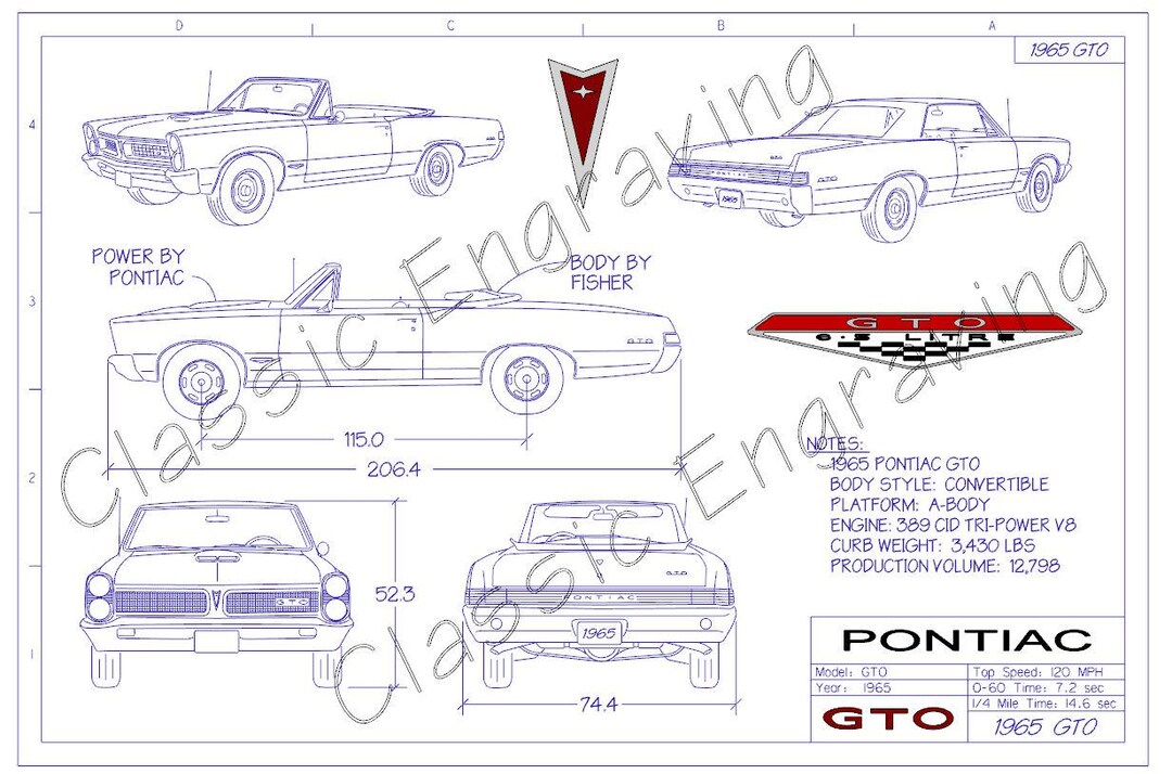 1965 Pontiac GTO Convertible "blueprint Drawing" Unframed Color Poster ...