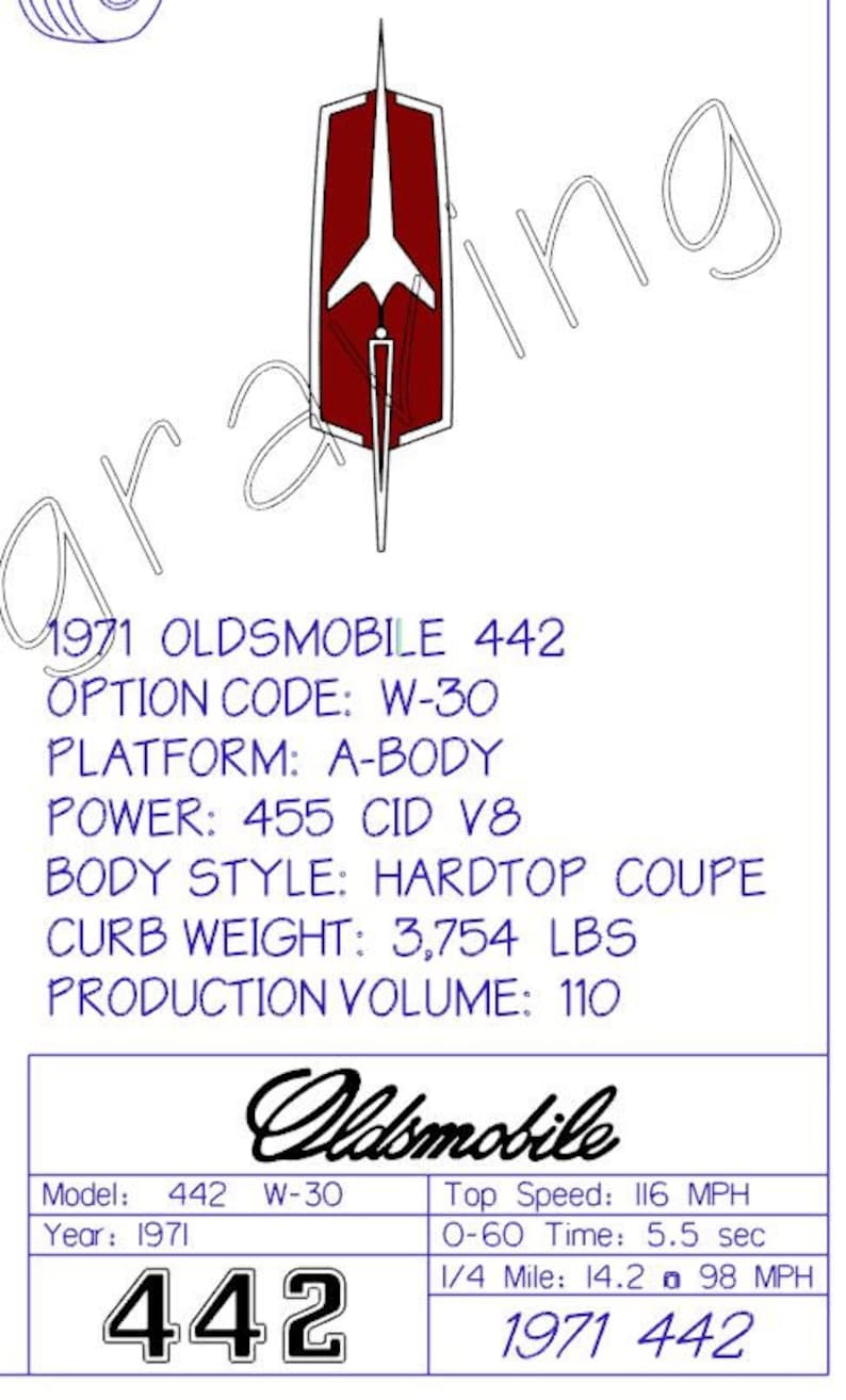 1971 Olds 442 W-30 "blueprint Drawing" Unframed Color Poster Print - Etsy