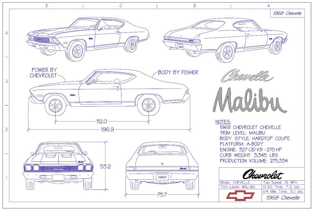 1968 Chevelle "blueprint Drawing" Unframed Color Poster Print - Etsy