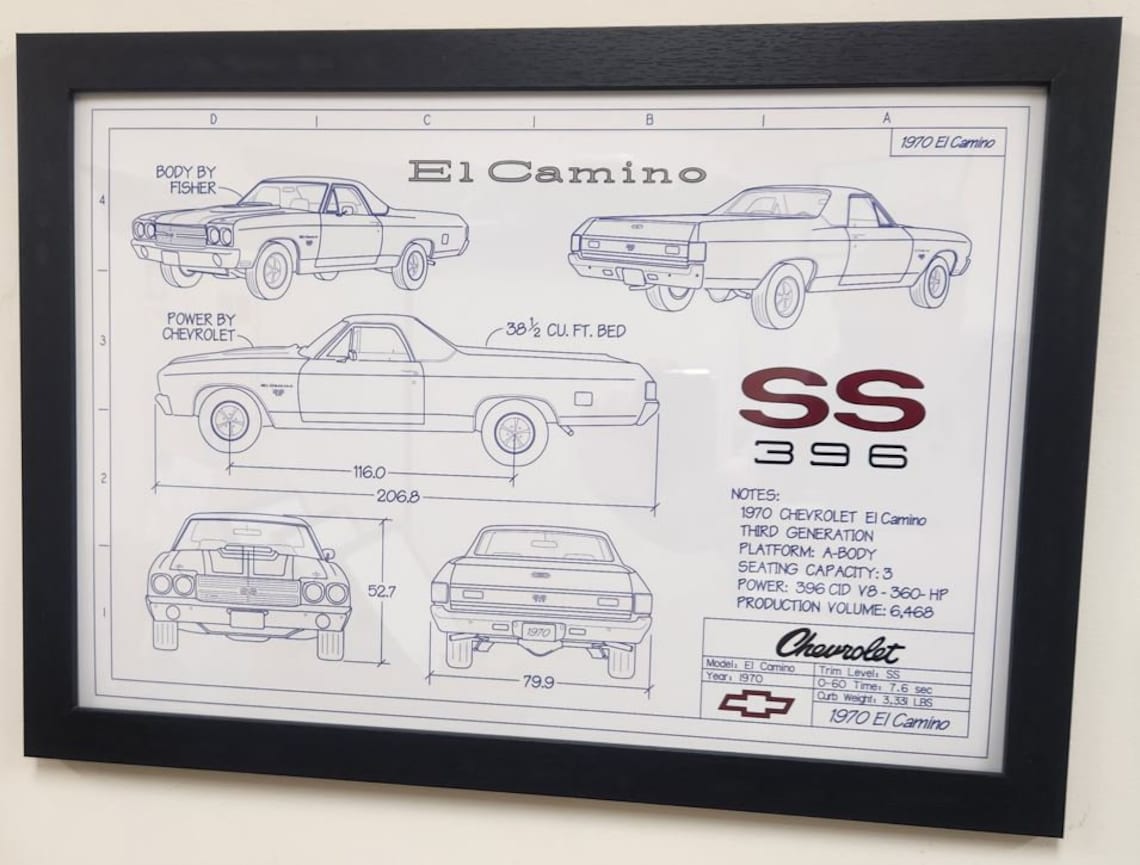 1970 El Camino SS blueprint Drawing Framed Color - Etsy