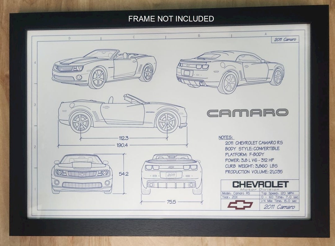 2011 Camaro RS Convertible "blueprint Drawing" Unframed Color Poster ...