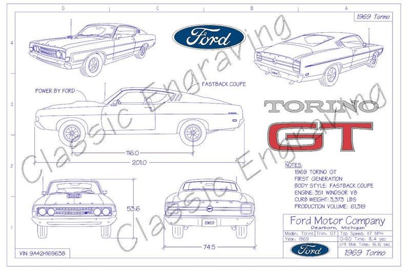 1969 Ford Torino GT blueprint Drawing Unframed Color Poster Print - Etsy
