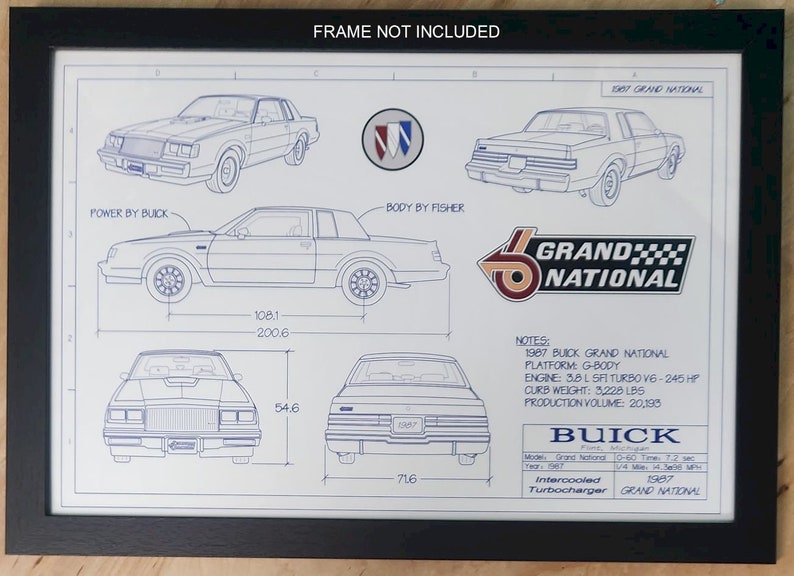 1987 Buick Grand National "blueprint Drawing" Unframed Color Poster ...