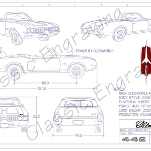 1969 Olds 442 Convertible "blueprint Drawing" Unframed Color Poster ...