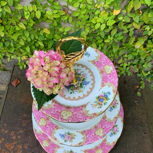 Gorgeous Remington Pink Floral Cake Stand / Tiered Serving Piece Tea ...