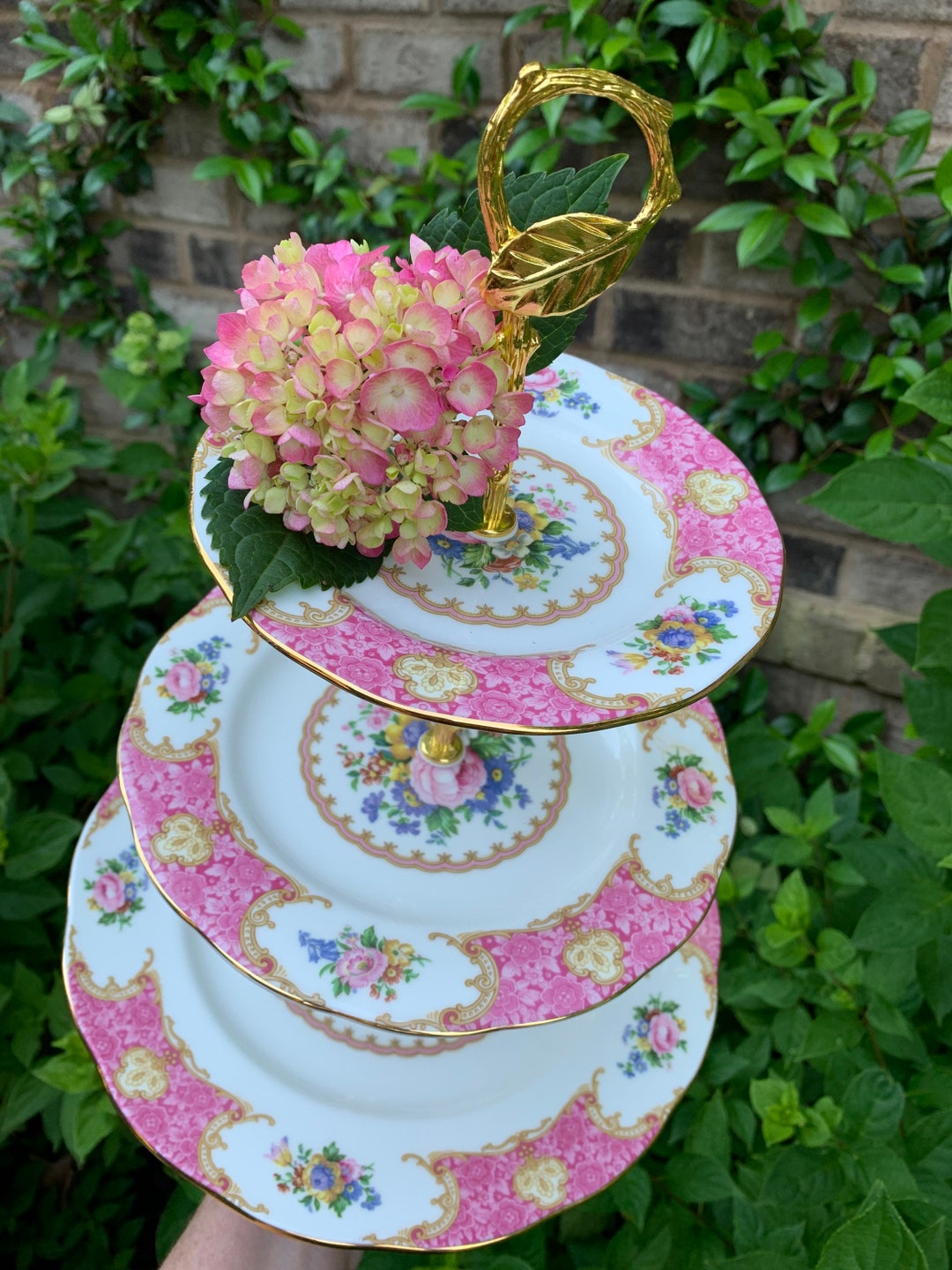 Gorgeous Remington Pink Floral Cake Stand / Tiered Serving Piece Tea ...