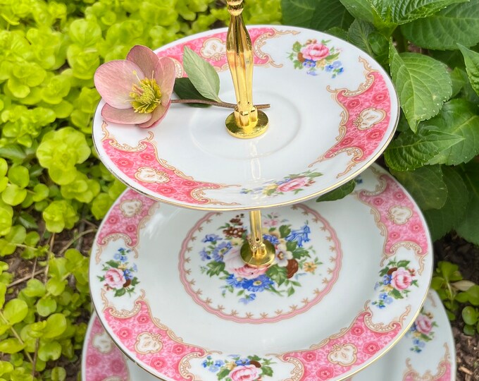 Gorgeous Remington Pink Floral Cake Stand / Tiered Serving Piece Tea ...