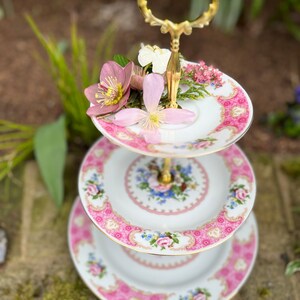 Gorgeous Remington Pink Floral Cake Stand / Tiered Serving Piece Tea ...
