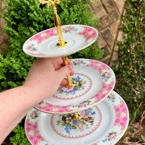 Gorgeous Remington Pink Floral Cake Stand / Tiered Serving Piece Tea ...