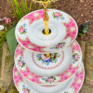 Gorgeous Remington Pink Floral Cake Stand / Tiered Serving Piece Tea ...