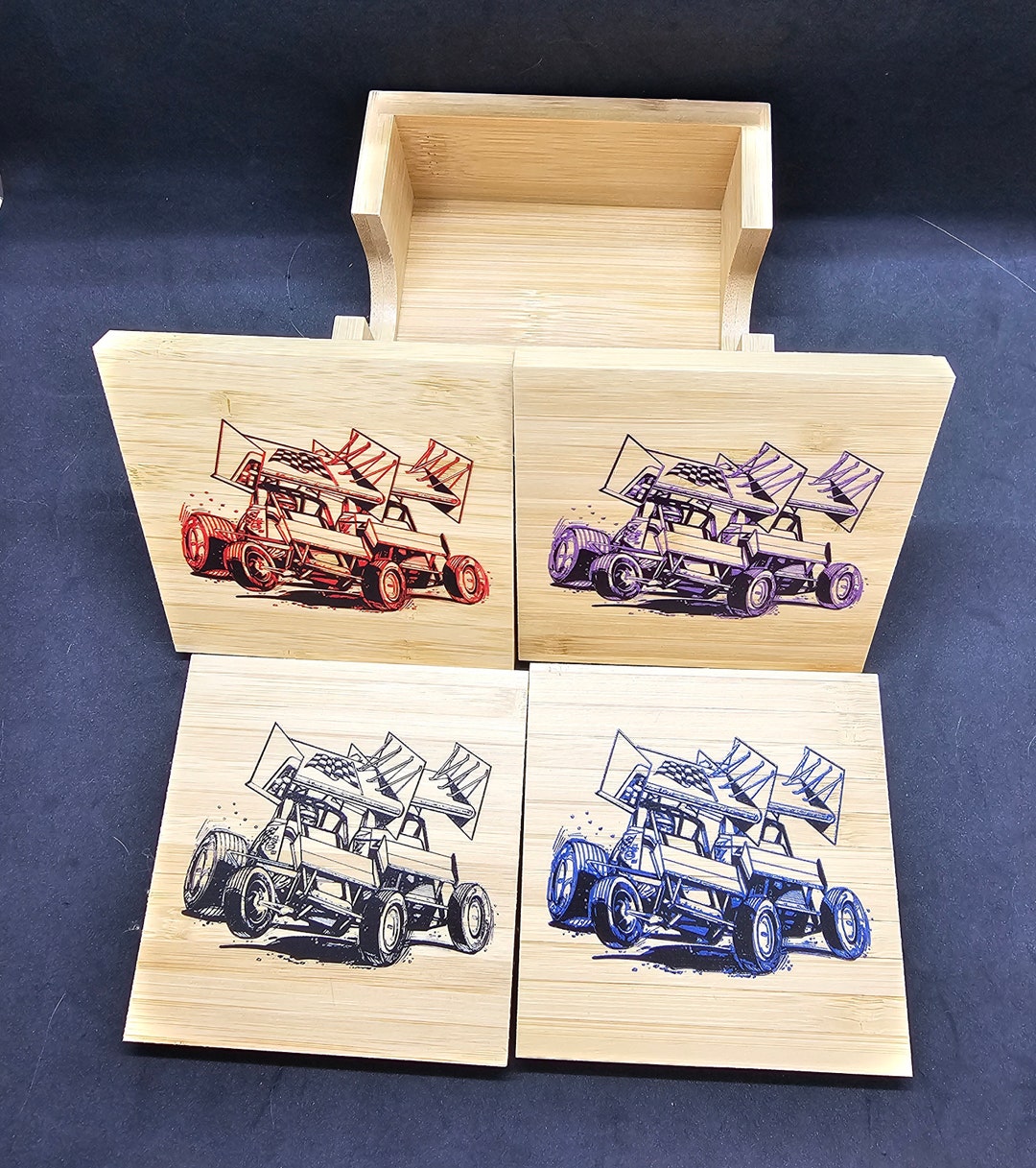 UV Printed Bamboo Coaster Set With Sprint Cars - Etsy