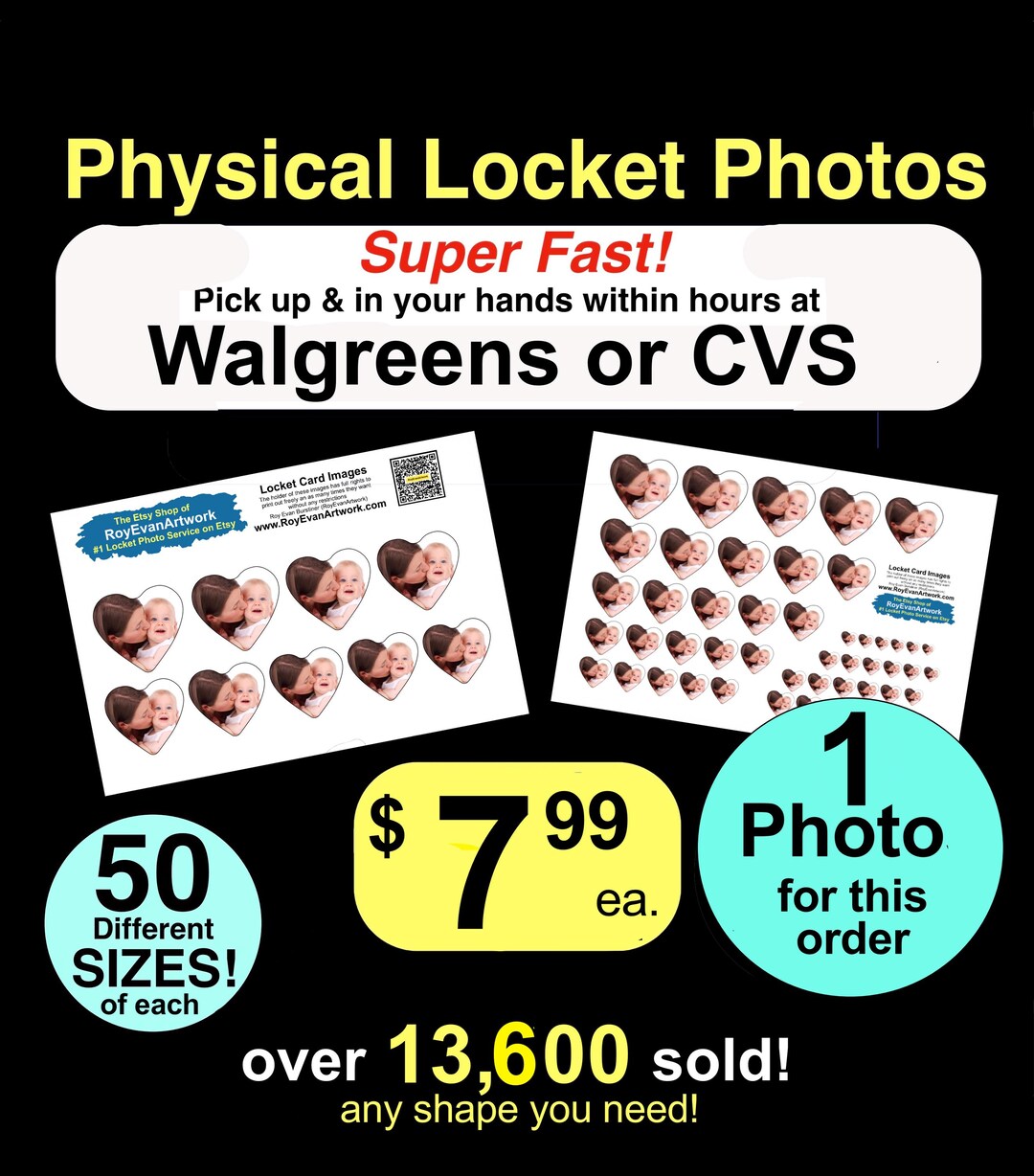 Physical Locket Photos- 50 Different Sizes. -pick up at Walgreens ...