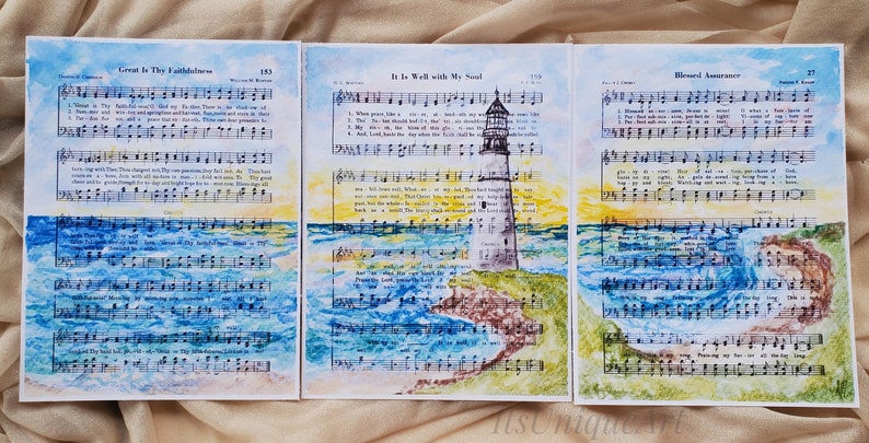 Set of 3 Hymnal Art Prints Hymn Coastal Lighthouse Seascape Christian ...