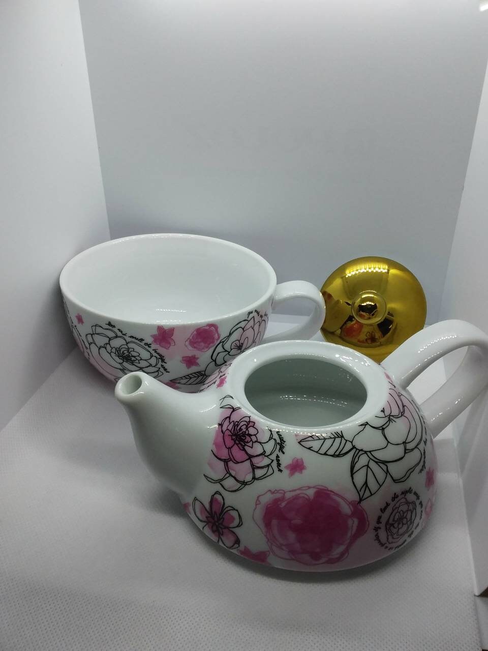 Ciroa Porcelain 3 Piece Teapot and Cup Floral Pink and White Design ...