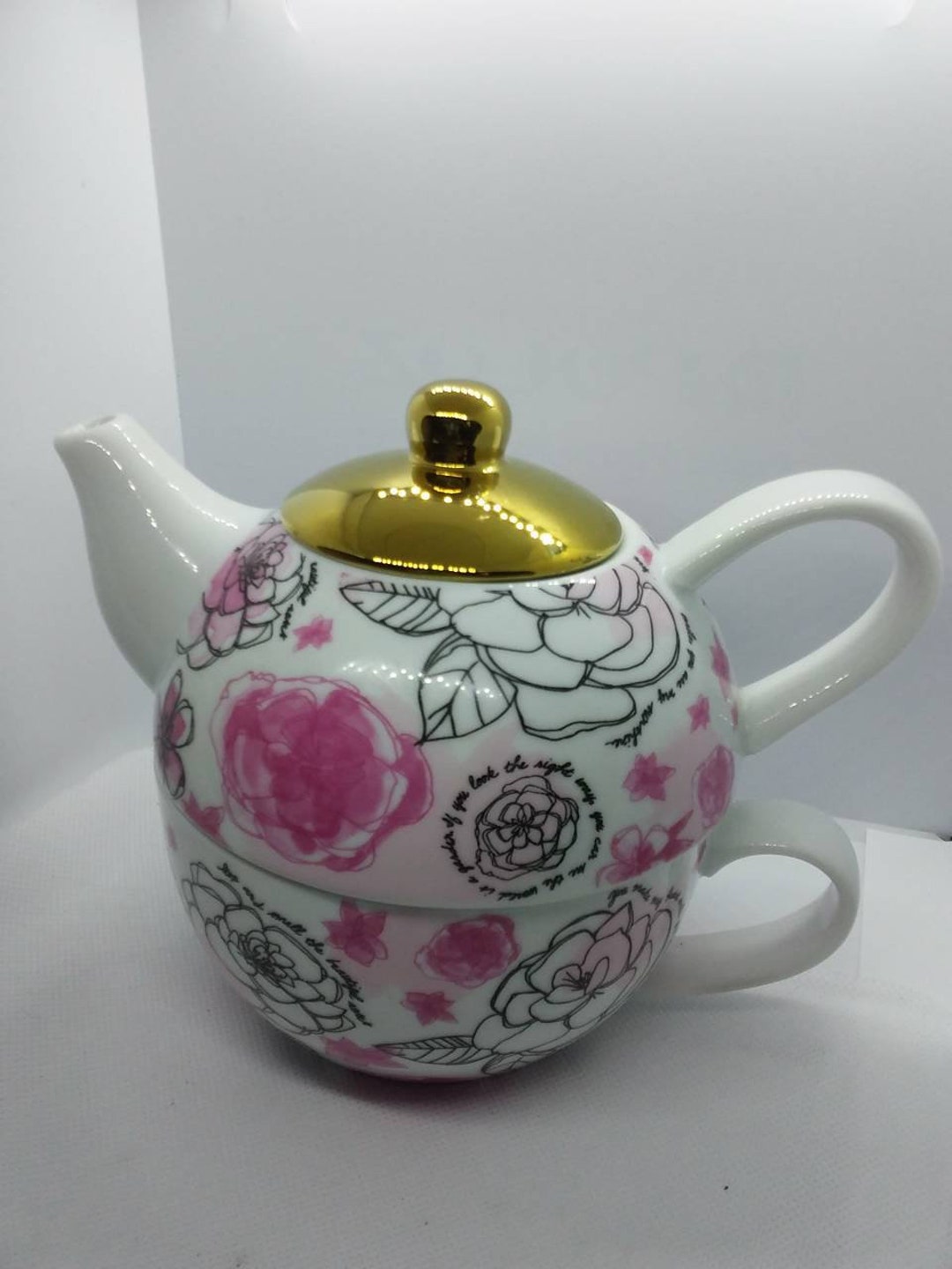 Ciroa Porcelain 3 Piece Teapot and Cup Floral Pink and White Design ...