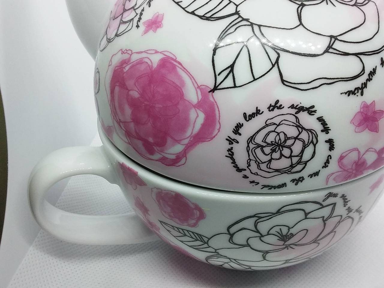 Ciroa Porcelain 3 Piece Teapot and Cup Floral Pink and White Design ...