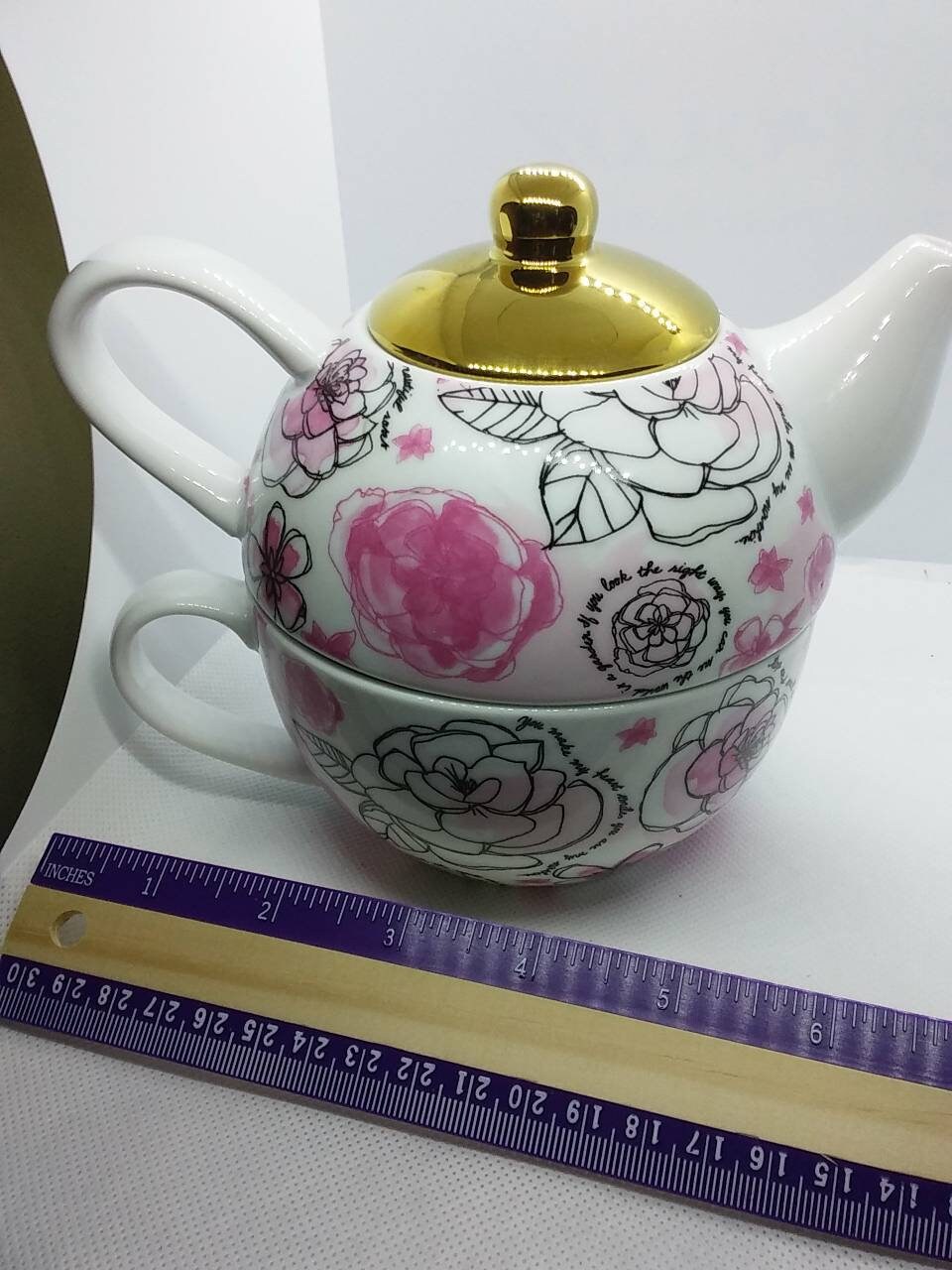 Ciroa Porcelain 3 Piece Teapot and Cup Floral Pink and White Design ...