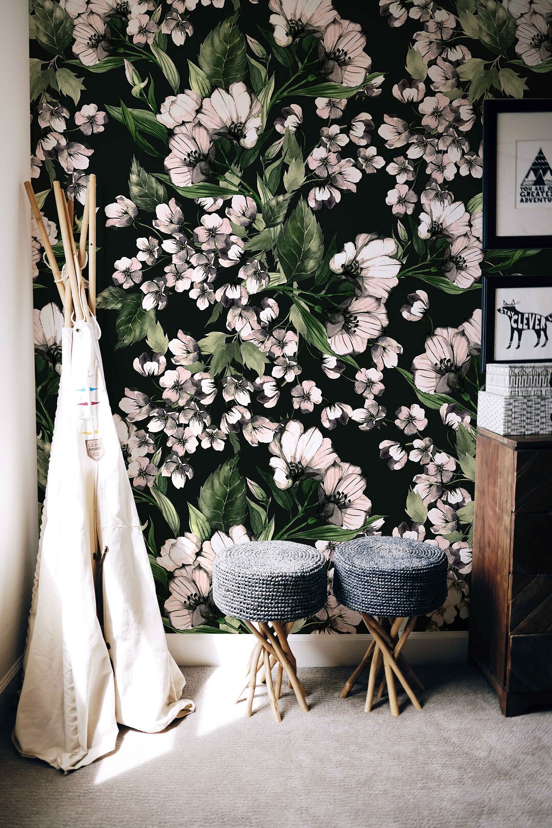 Dark Floral Removable Wallpaper Wall Mural Peel and Stick Watercolor ...