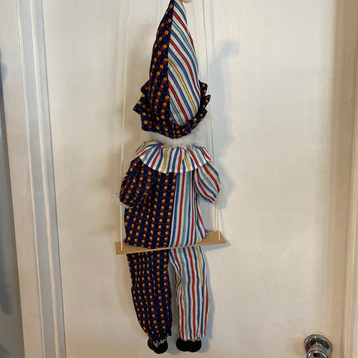Vintage Clown Jester Marionette Puppet on Bench Swing 34”tall Porcelain ...