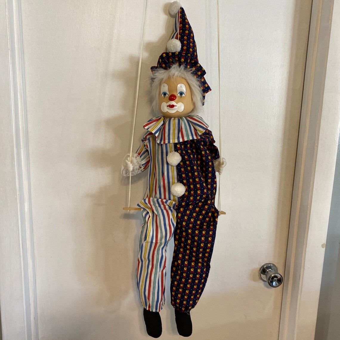 Vintage Clown Jester Marionette Puppet on Bench Swing 34”tall Porcelain ...