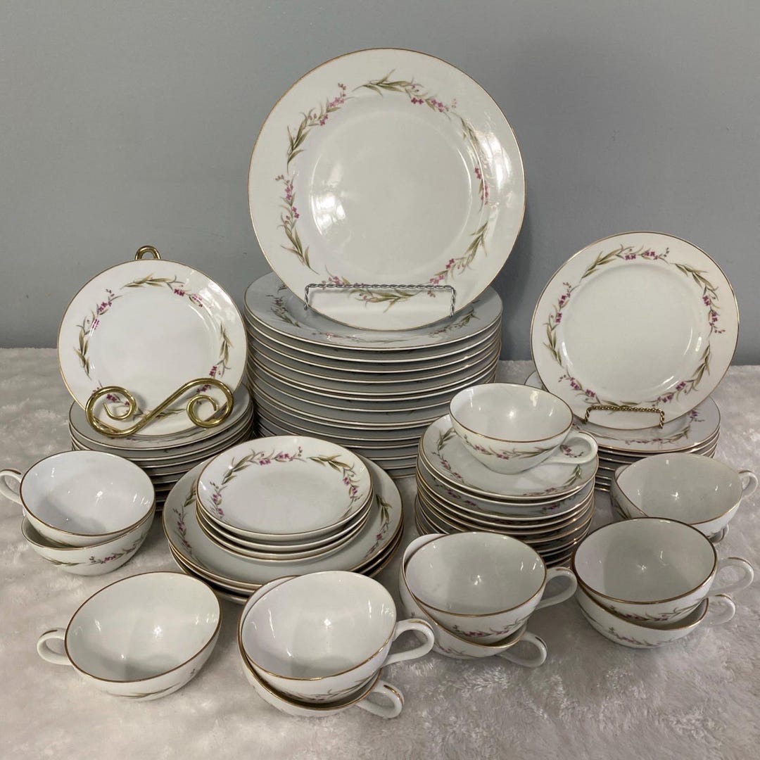62 Piece Set Prestige Fine China From Japan Signed MS Green Leaves Pink ...