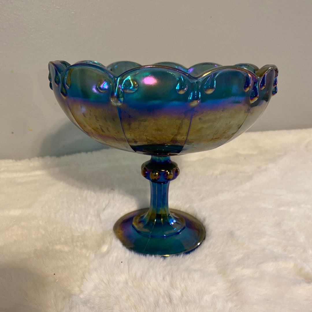 Indiana Glass Blue Iridescent Carnival Glass Compote Fruit Bowl ...