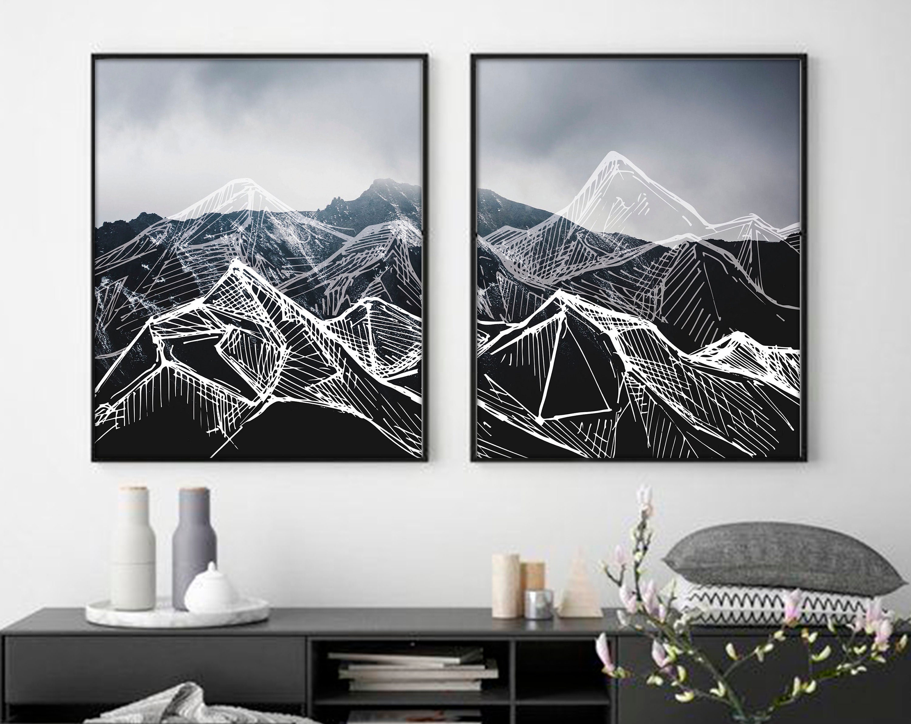 Mountain Wall Art Set of 2 Print Digital Poster Black White | Etsy