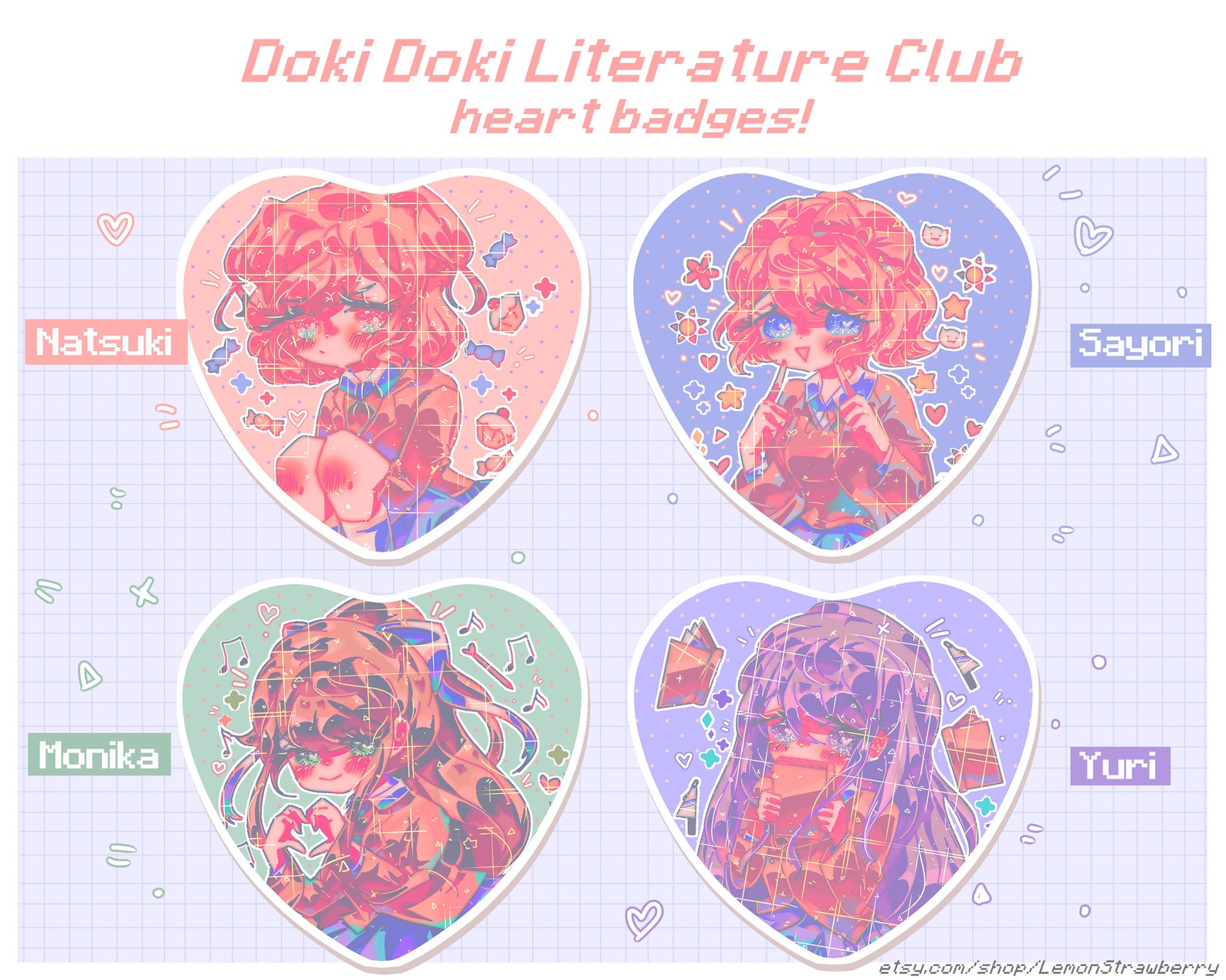 Doki Doki Literature Club Heart Badges 57mm Button Pins - Etsy