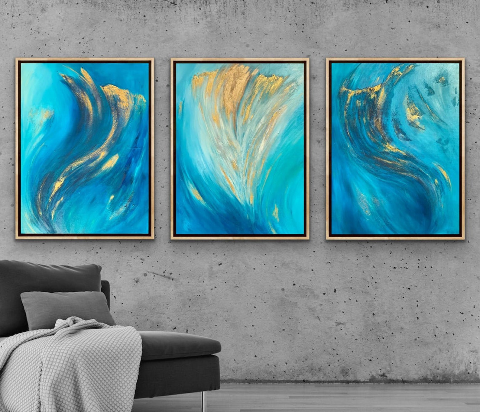 Set of 3 Large Blue Abstract Paintings. Gold Blue Texture Canvas ...