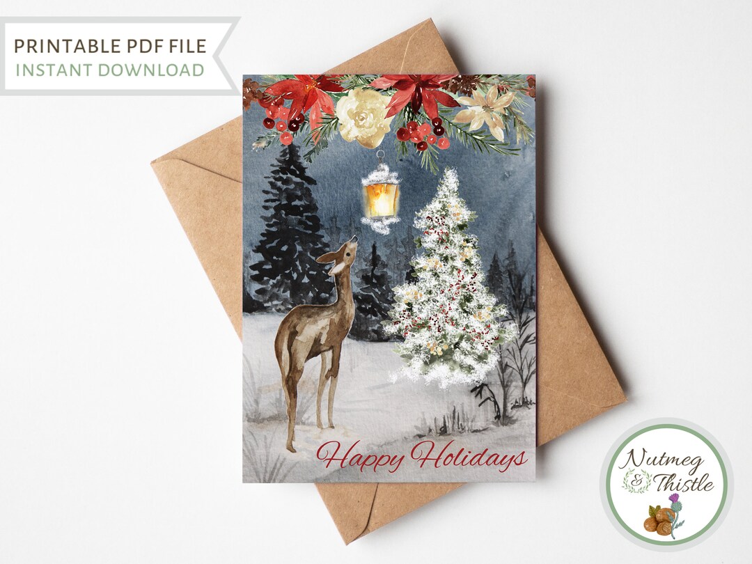 Happy Holidays Deer Christmas Card, Rustic Woodland Christmas Tree ...