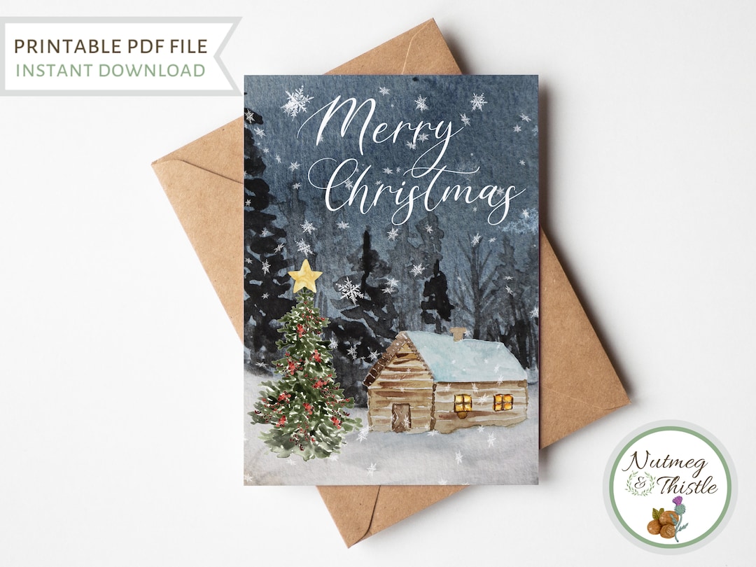 Log Cabin Christmas Card, Woodland Merry Christmas Tree Holiday Card ...