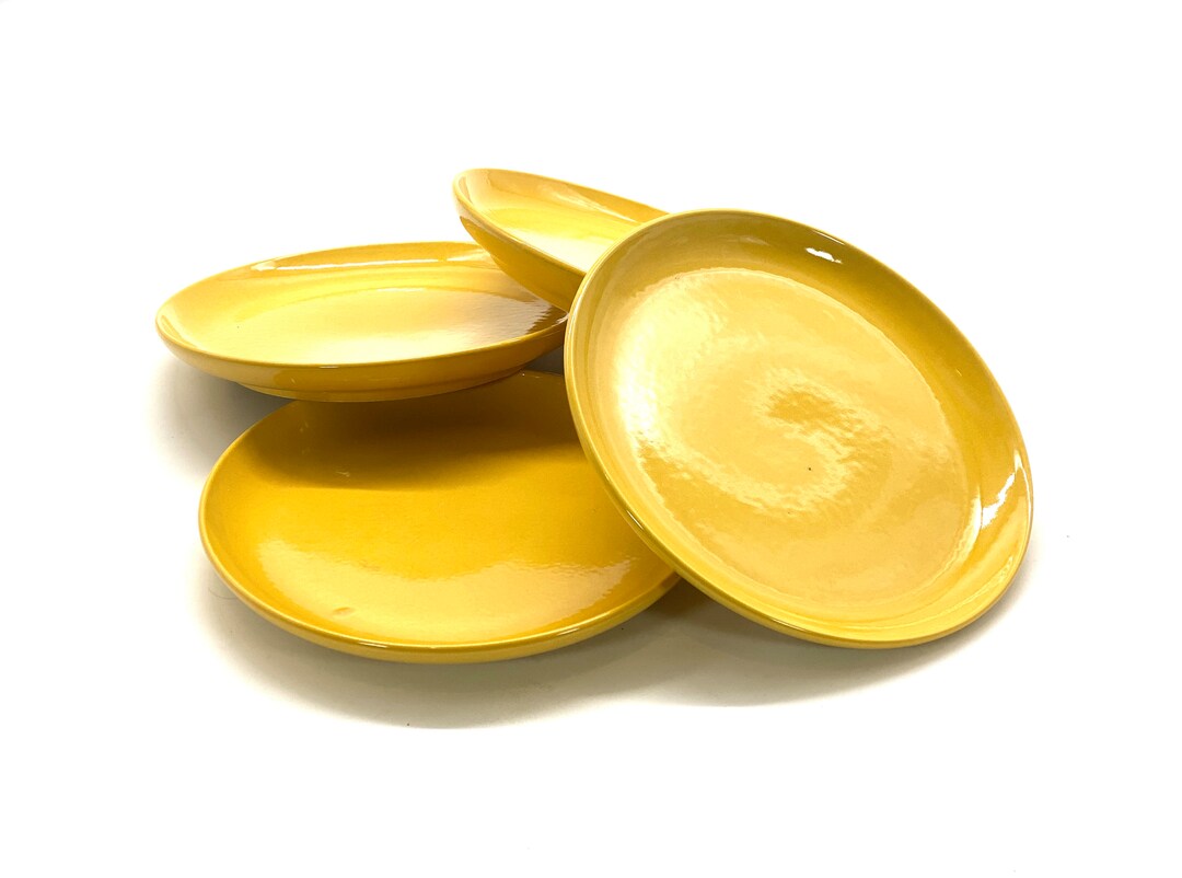 Vintage Glazed Ceramic Dinner Set of Four Mustard Yellow Plates Gerz ...