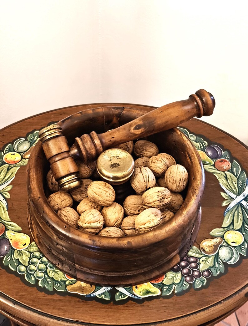 Vintage Walnut Wood and Brass Nutcracker Bowl With Integrated Mallet ...