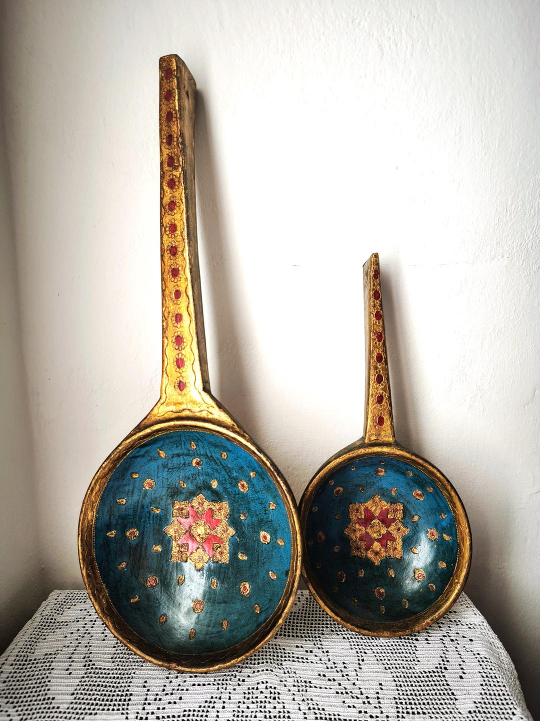 Vintage Florentine Wooden Ladles – Hand-painted Gold & Blue Wall Decor ...