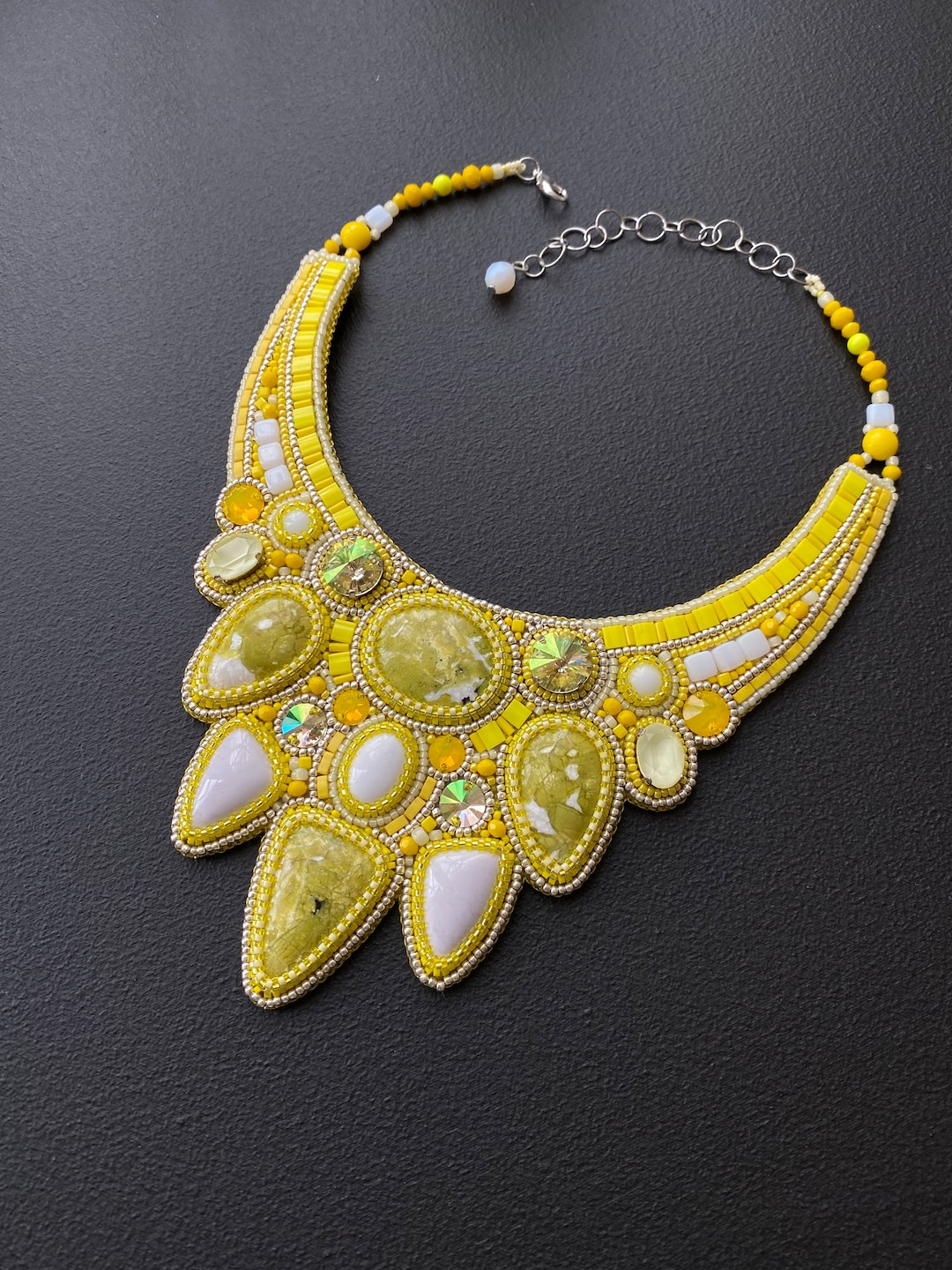 Yellow Collar Necklace With Gemstones, Necklace Embroidered With Beads ...